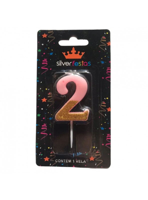 Vela De Aniversário Número 2 Rosa com Glitter Dourado 8,5cm